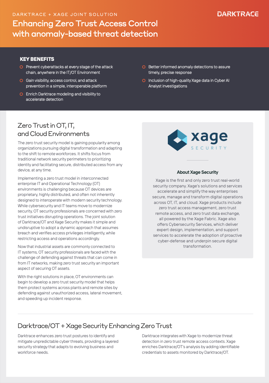 Darktrace + Xage Joint Solution | Data Sheet | Darktrace Resource